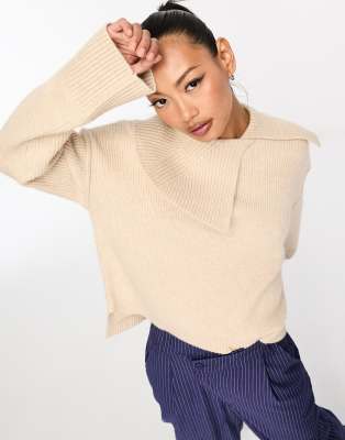 ASOS DESIGN jumper with fold over neck in rib in oatmeal | ASOS
