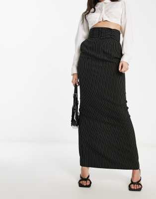 ASOS DESIGN - Jupe longue coupe crayon avec ceinture et rayures fines - Noir | ASOS