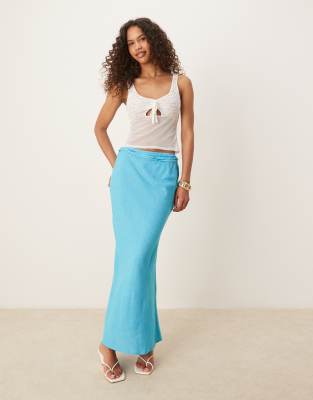 ASOS DESIGN - Jupe longue coupée en biais en lin mélangé - Bleu | ASOS