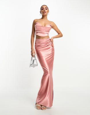 ASOS DESIGN - Jupe longue d'ensemble en sergé de satin froncée sur le côté - Rose | ASOS