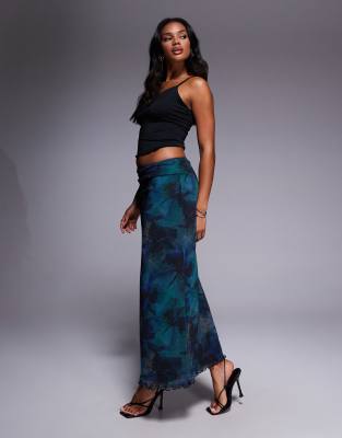 ASOS DESIGN - Jupe mi-longue en tulle à imprimé fleuri - Bleu | ASOS
