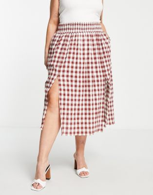 ASOS DESIGN - Jupe mi-longue texturée à carreaux vichy et poches - Marron et blanc | ASOS