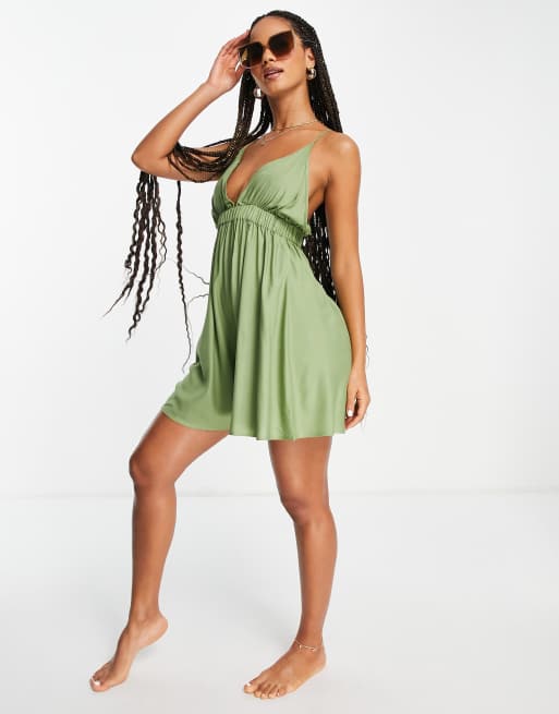 Asos Design Kakigrønt Strand Playsuit Med Dyb Udskæring Og Krydsende