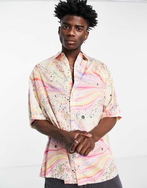 Asos Design Kastiges Oversize Satinhemd Mit Rosa Marmormuster Asos