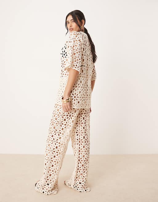 ASOS DESIGN knit crochet patchwork wide leg pants in cream ASOS DESIGN knit crochet patchwork wide leg pants in cream