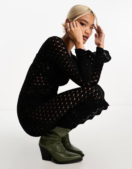 ASOS DESIGN knit long sleeve maxi dress in pointelle stitch in black | ASOS