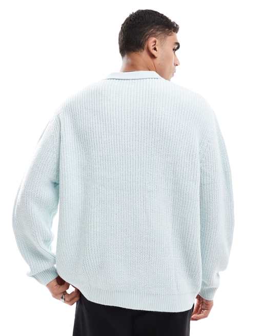 ASOS DESIGN knit oversized fisherman ribbed notch neck sweater in light ...