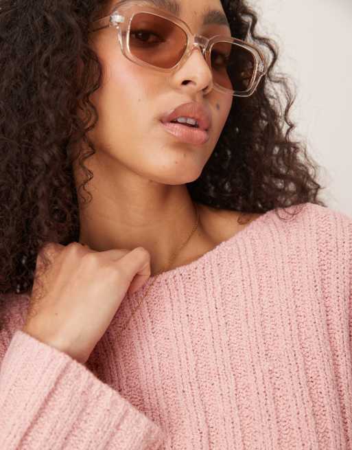 ASOS DESIGN knit slash neck textured ribbed sweater in pink | ASOS