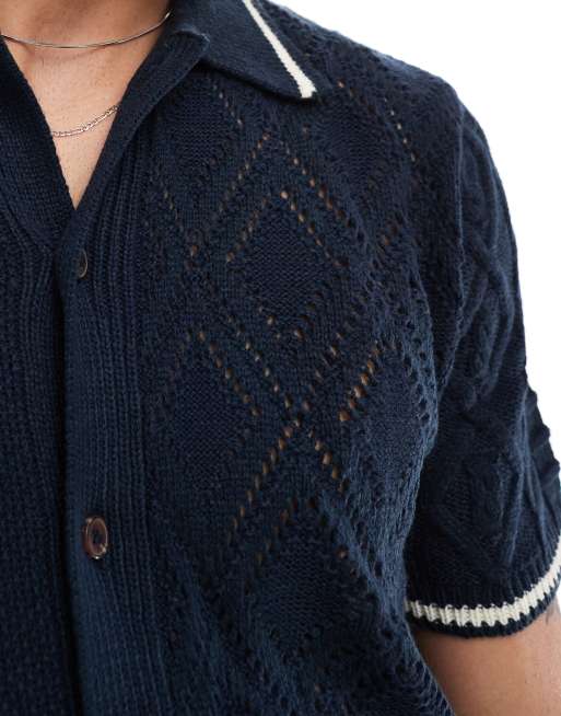 ASOS DESIGN knit spliced cable and pointelle stitch button up polo ...