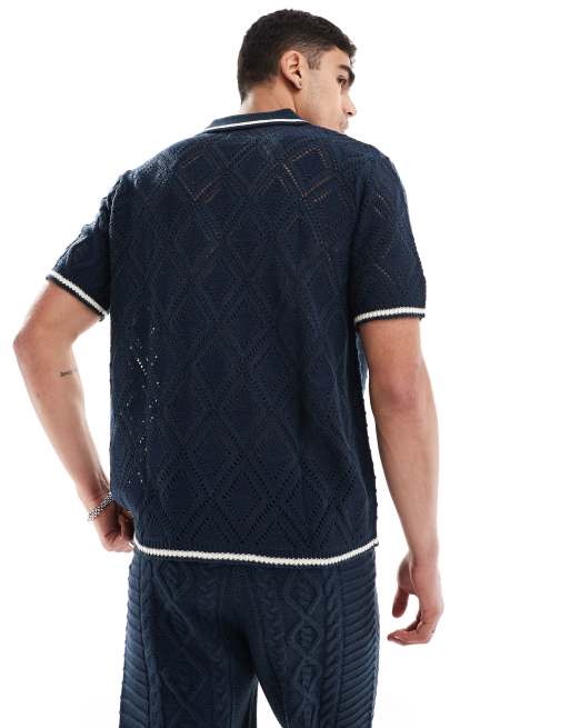 ASOS DESIGN knit spliced cable and pointelle stitch button up polo ...