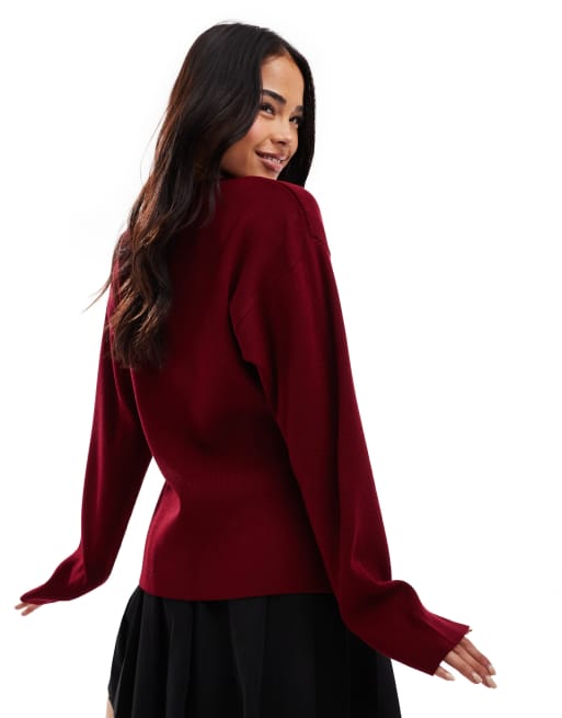 ASOS DESIGN knit structured crew neck cardigan in burgundy | ASOS