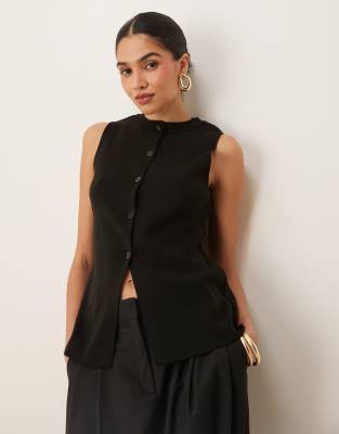 ASOS DESIGN knit structured crew neck vest with front slit in black | ASOS