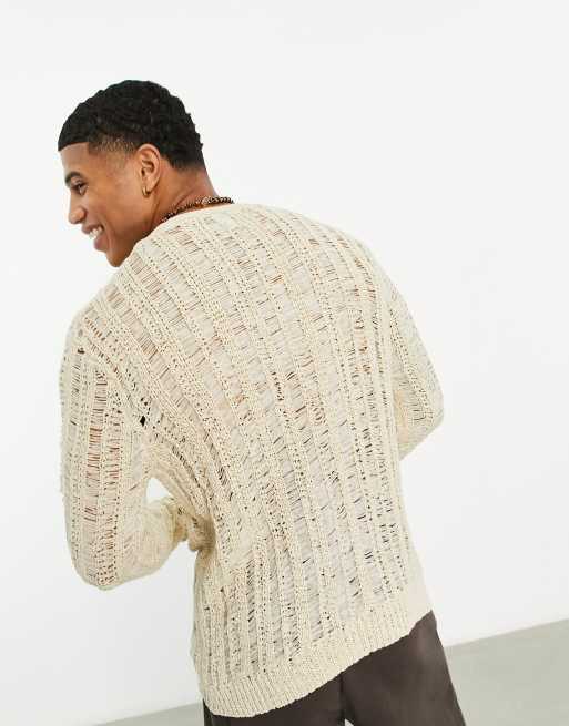 ASOS DESIGN knit sweater with open stitch and lace up detail in sand | ASOS