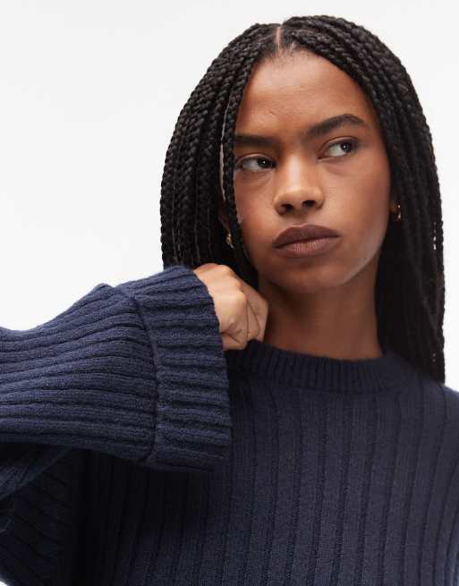 ASOS DESIGN knit sweater with rolled up cuffs in navy | ASOS