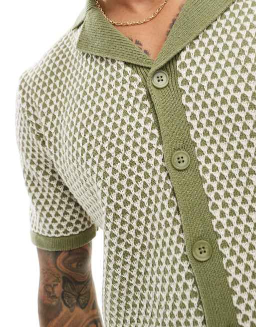 ASOS DESIGN knit textured button up polo in green | ASOS