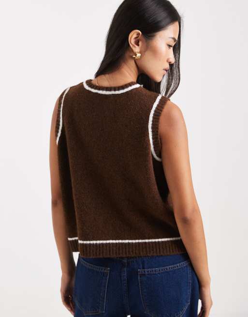 ASOS DESIGN knit vest with contrast tipping with wool in brown | ASOS