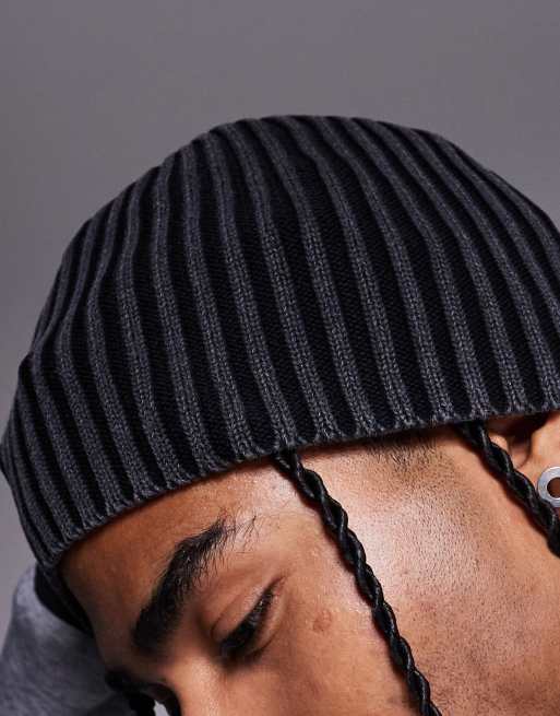 ASOS DESIGN knitted acid wash rib skull beanie in black | ASOS