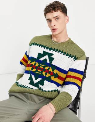 ASOS DESIGN knitted Aztec design jumper in khaki | ASOS