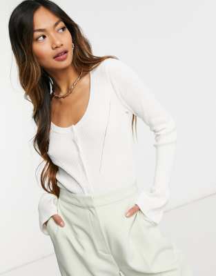 ASOS DESIGN knitted body with button front detail in cream | ASOS