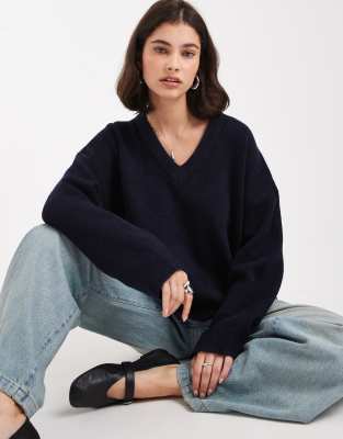 ASOS DESIGN knitted boxy v neck jumper in navy | ASOS