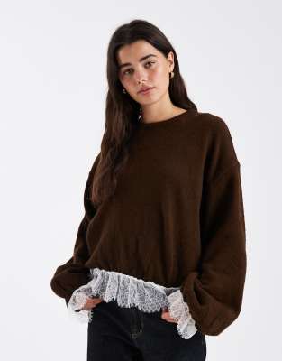 ASOS DESIGN knitted bubble hem jumper with lace hem in brown - ASOS ...
