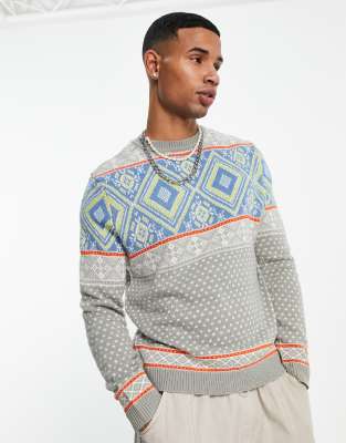 ASOS DESIGN knitted christmas sweater with fairilse design in gray | ASOS