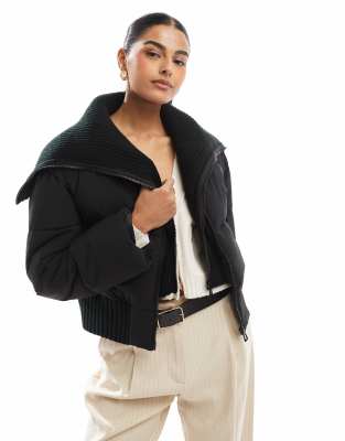 ASOS DESIGN knitted collar puffer jacket in black | ASOS