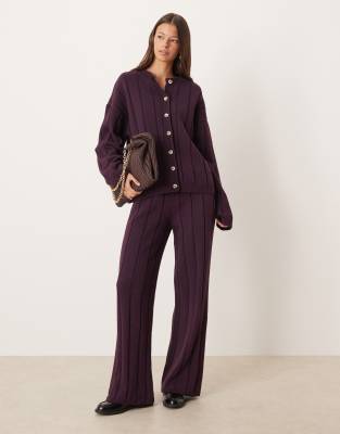 ASOS DESIGN knitted cotton cardigan and trouser co-ord in plum - PURPLE ...