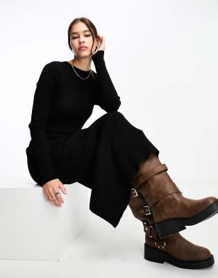 ASOS DESIGN knitted crew neck maxi dress in rib in black | ASOS