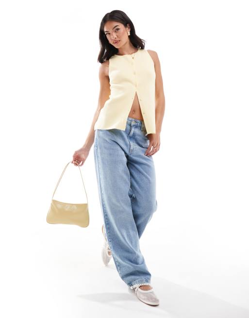 ASOS DESIGN knitted crew neck vest with front split in lemon | ASOS