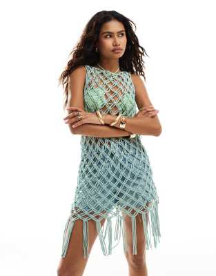 ASOS DESIGN knitted crochet open mini dress in blue | ASOS