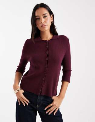 ASOS DESIGN knitted fitted collared cardigan in berry red | ASOS