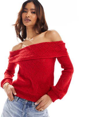 ASOS DESIGN knitted foldover slouchy bardot jumper in red | ASOS