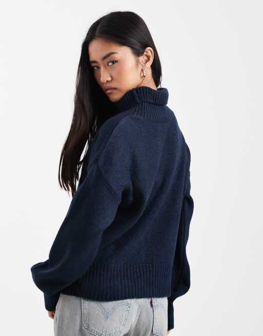 ASOS DESIGN knitted funnel neck jumper in navy | ASOS