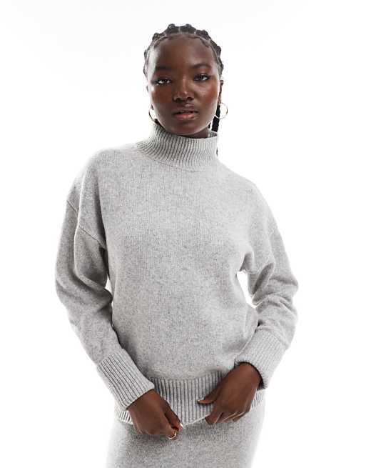 ASOS DESIGN knitted high neck jumper with turn back cuffs in mid grey ... ASOS DESIGN knitted high neck jumper with turn back cuffs in mid grey ...
