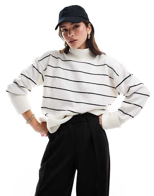 ASOS DESIGN knitted high neck jumper with turn back cuffs in mono ... ASOS DESIGN knitted high neck jumper with turn back cuffs in mono ...