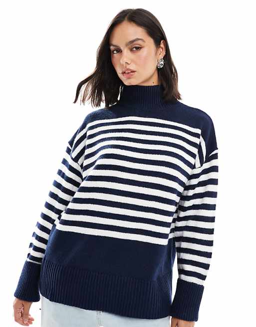 ASOS DESIGN knitted high neck jumper with turn back cuffs in navy ... ASOS DESIGN knitted high neck jumper with turn back cuffs in navy ...