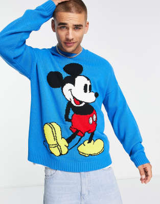 ASOS DESIGN knitted jumper with Disney Mickey Mouse print in blue | ASOS