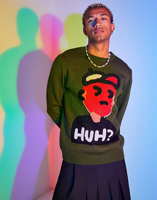 ASOS DESIGN knitted jumper with huh? text placement | ASOS ASOS DESIGN knitted jumper with huh? text placement | ASOS