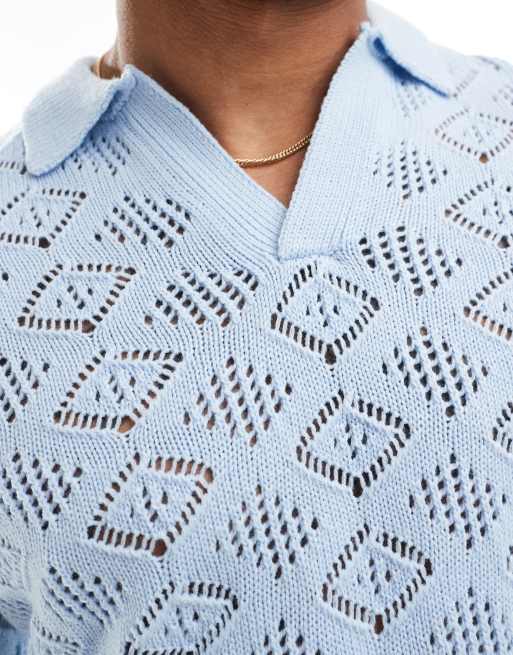 ASOS DESIGN knitted jumper with notch neck in blue with texture | ASOS