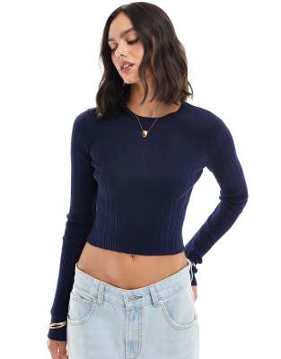 ASOS DESIGN knitted long sleeve top with crew neck in navy | ASOS
