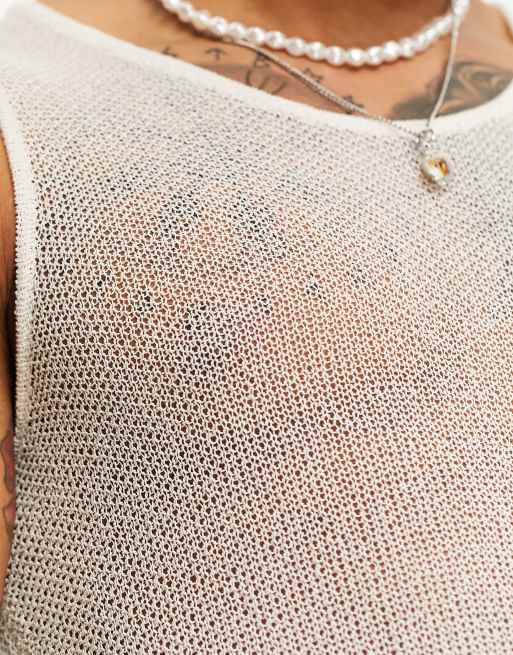 ASOS DESIGN knitted metallic mesh tank top in white | ASOS