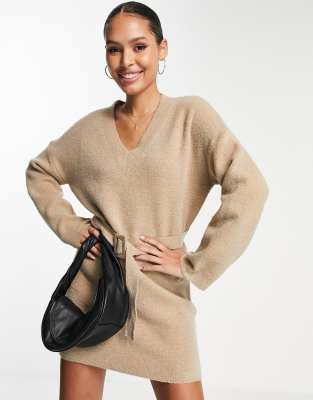 ASOS DESIGN knitted mini dress with belt in brown | ASOS