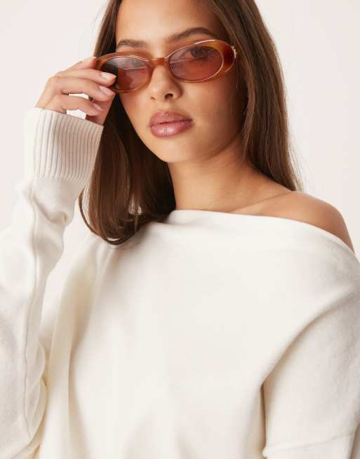 ASOS DESIGN knitted off shoulder slouchy top in cream | ASOS