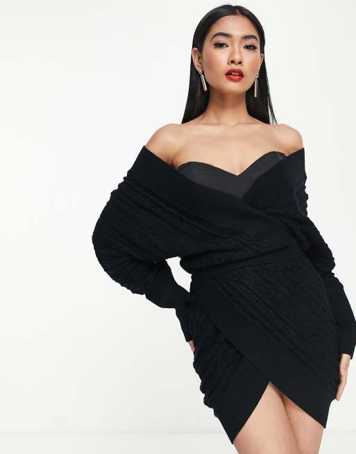 ASOS DESIGN knitted off shoulder wrap mini dress with corset bodice | ASOS