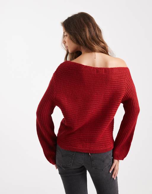 ASOS DESIGN knitted off the shoulder slouchy jumper in red | ASOS