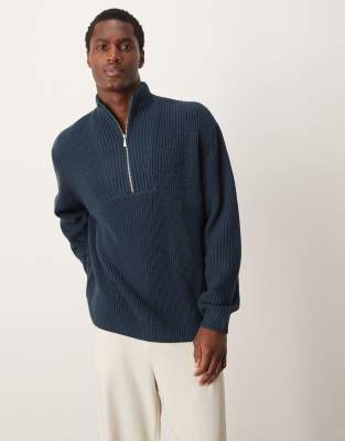 ASOS DESIGN knitted oversized fisherman rib quarter zip jumper in navy ...