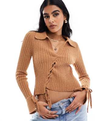 ASOS DESIGN knitted polo collar jumper with tie detail in teddy yarn in ...