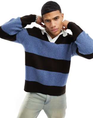 ASOS DESIGN knitted relaxed rugby striped textured jumper in blue ...