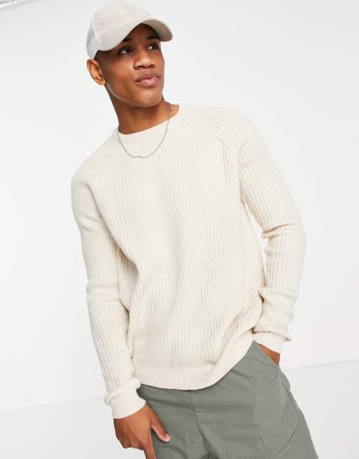 ASOS DESIGN knitted rib crew neck sweater in oatmeal | ASOS